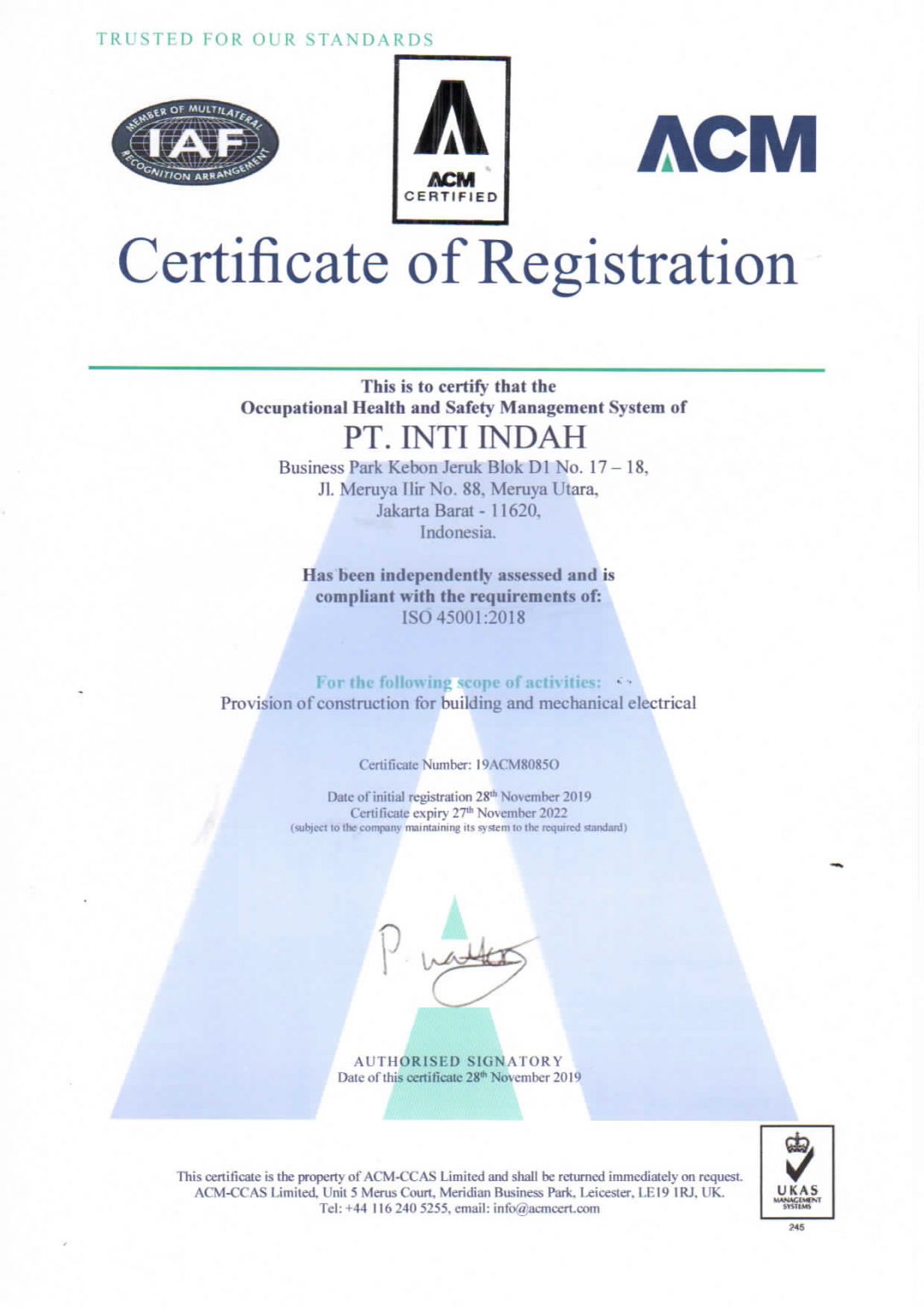 Our Certificate – INTI INDAH
